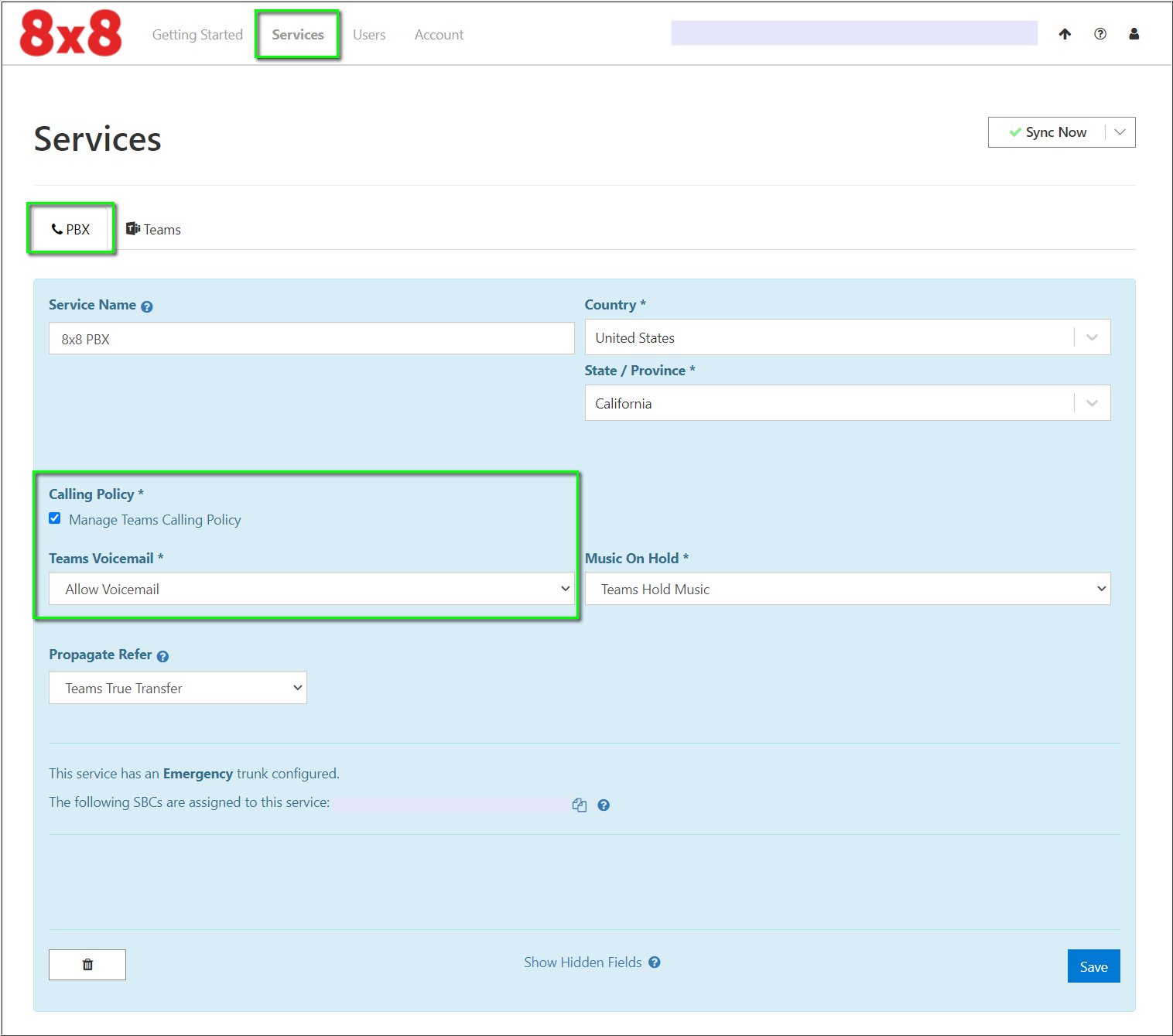 Configre your Service to Use either Teams or 8x8 Voicemail