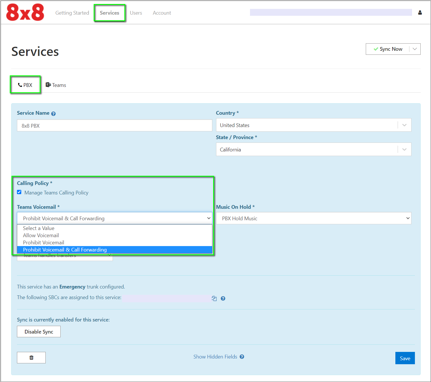 Configre your Service to Use either Teams or 8x8 Voicemail