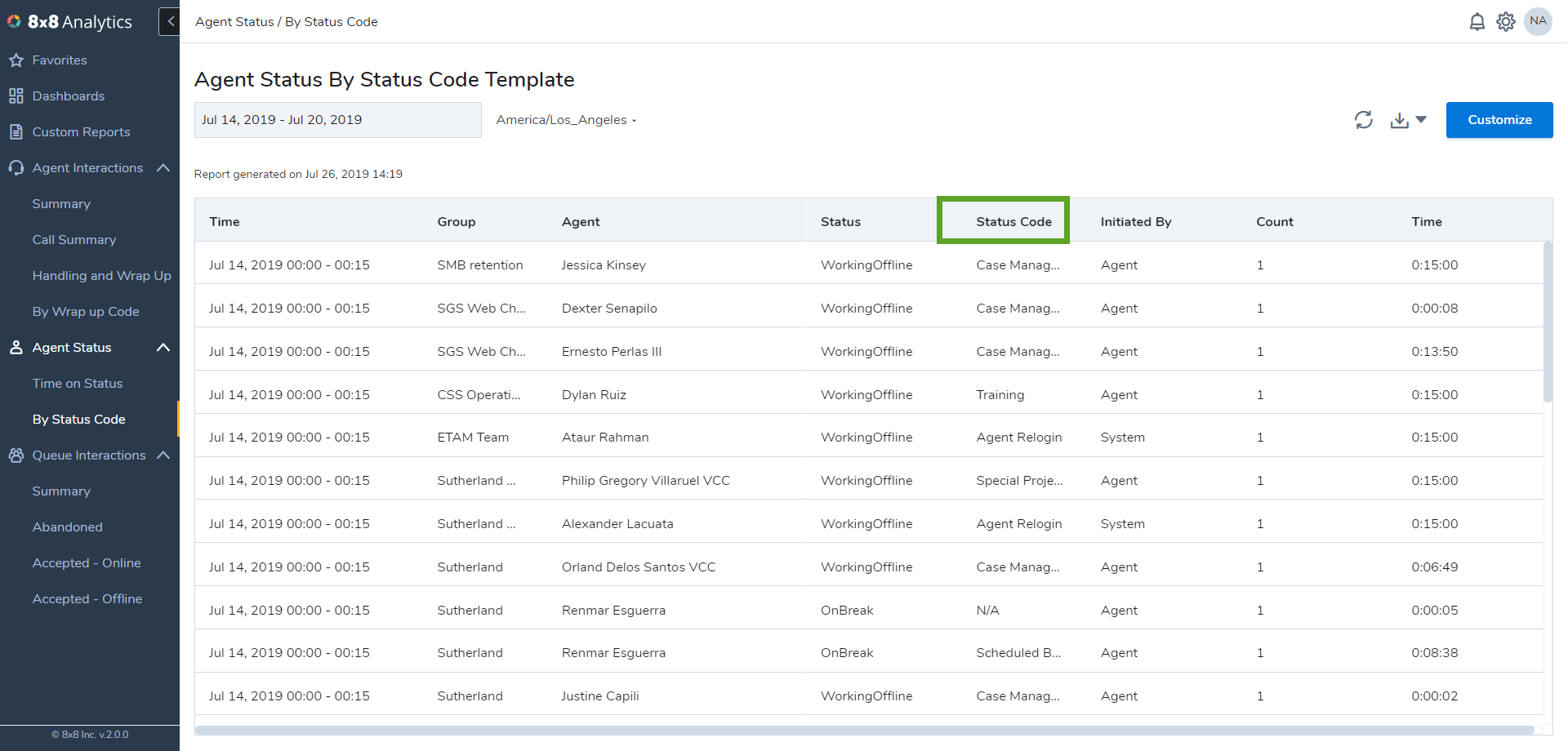 8x8 Analytics for Contact Center—Access agent status reports