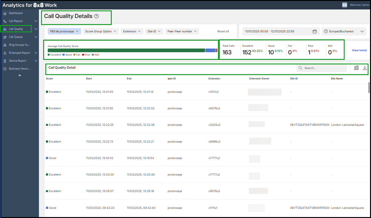 Analytics for 8x8 Work: Get Call quality details report