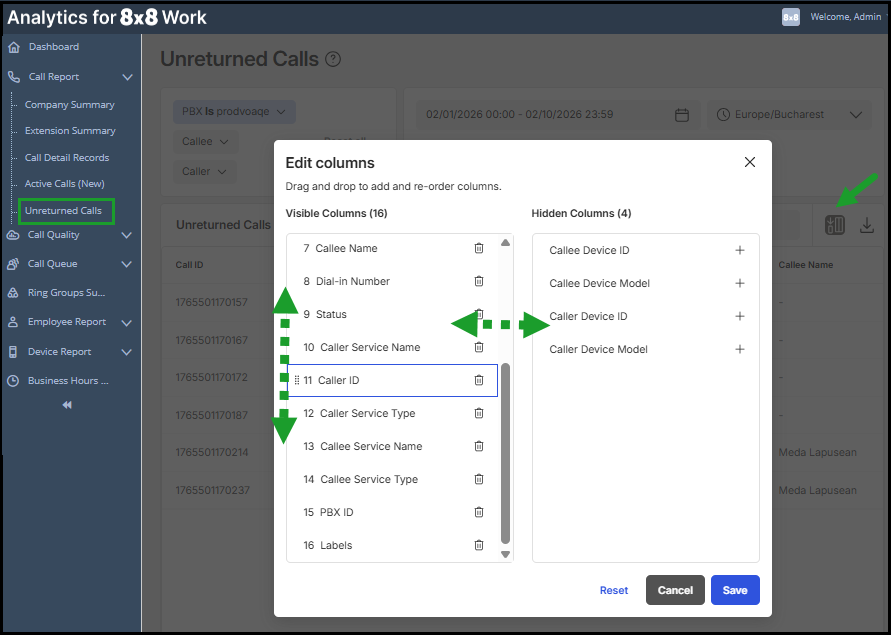 Analytics for 8x8 Work: Access the Unreturned Calls report