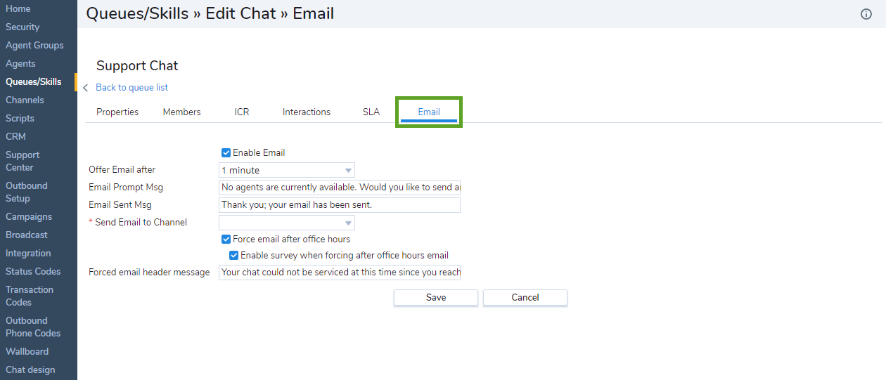 8x8 Contact Center for Admins—Chat queue email fallback