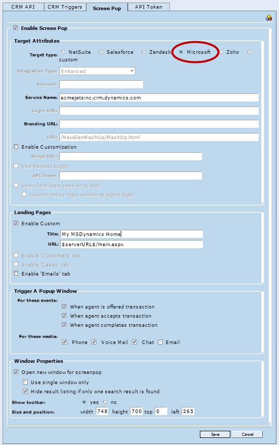 Defining Screen Pop Settings