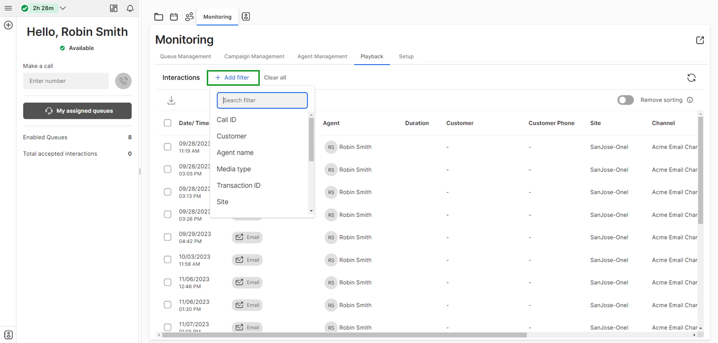 8x8 Agent Workspace for Supervisors—Retrieve agent call recordings